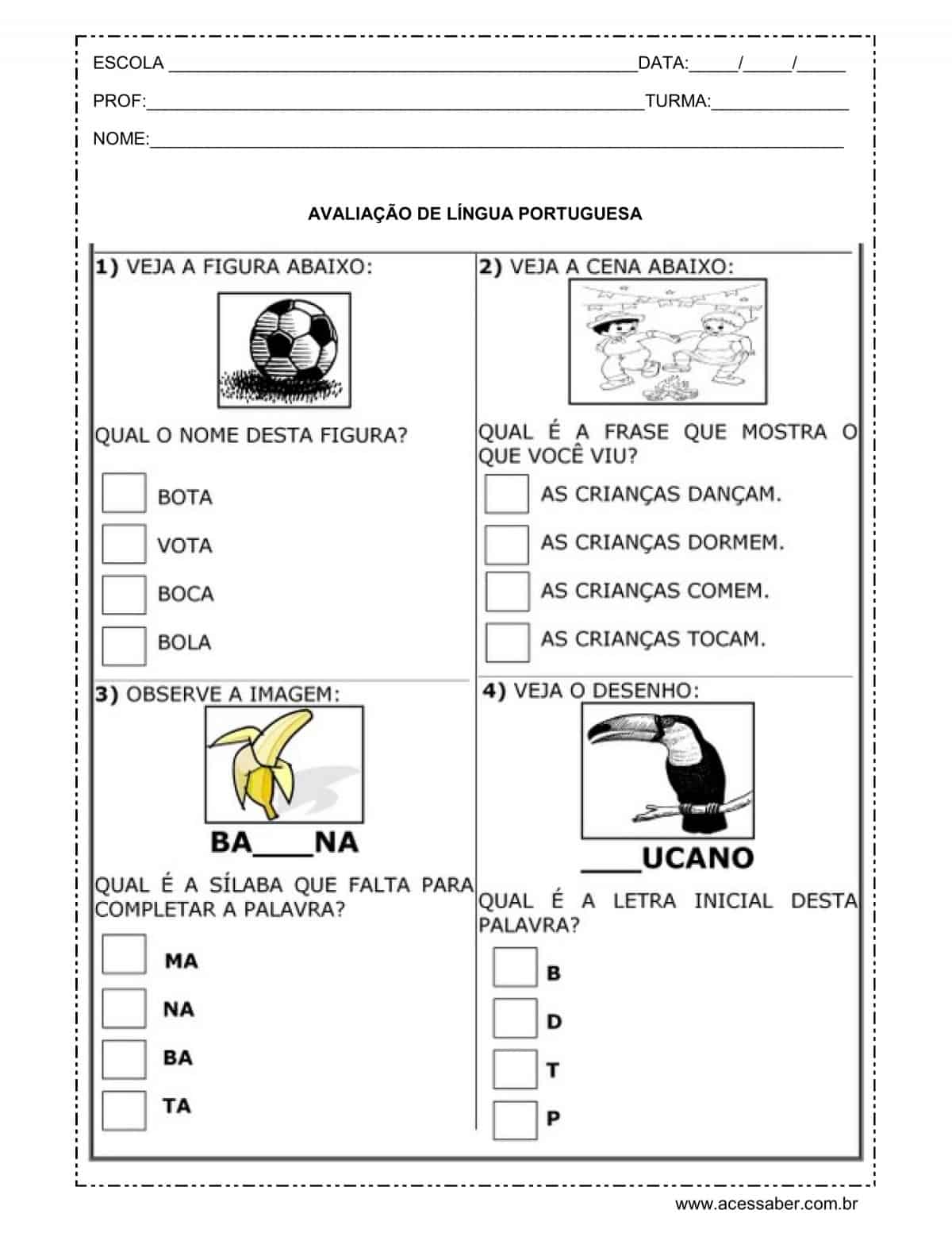 Avaliação de língua portuguesa - 1º ano - Acessaber
