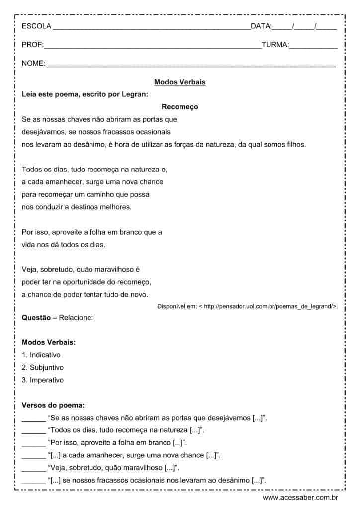 Atividade de português: Modos verbais - 1º ano do ensino médio - Acessaber