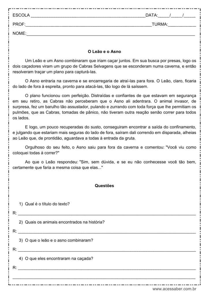 Interpretação de texto: O Leão e o Asno - 4º ou 5º ano - Acessaber Interpretação de texto: O Leão e o Asno - 4º ou 5º ano - Acessaber