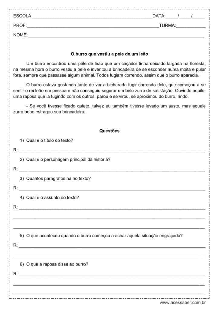 Interpretação de texto: O burro que vestiu a pele de um leão - 4º ou 5º ... Interpretação de texto: O burro que vestiu a pele de um leão - 4º ou 5º ...