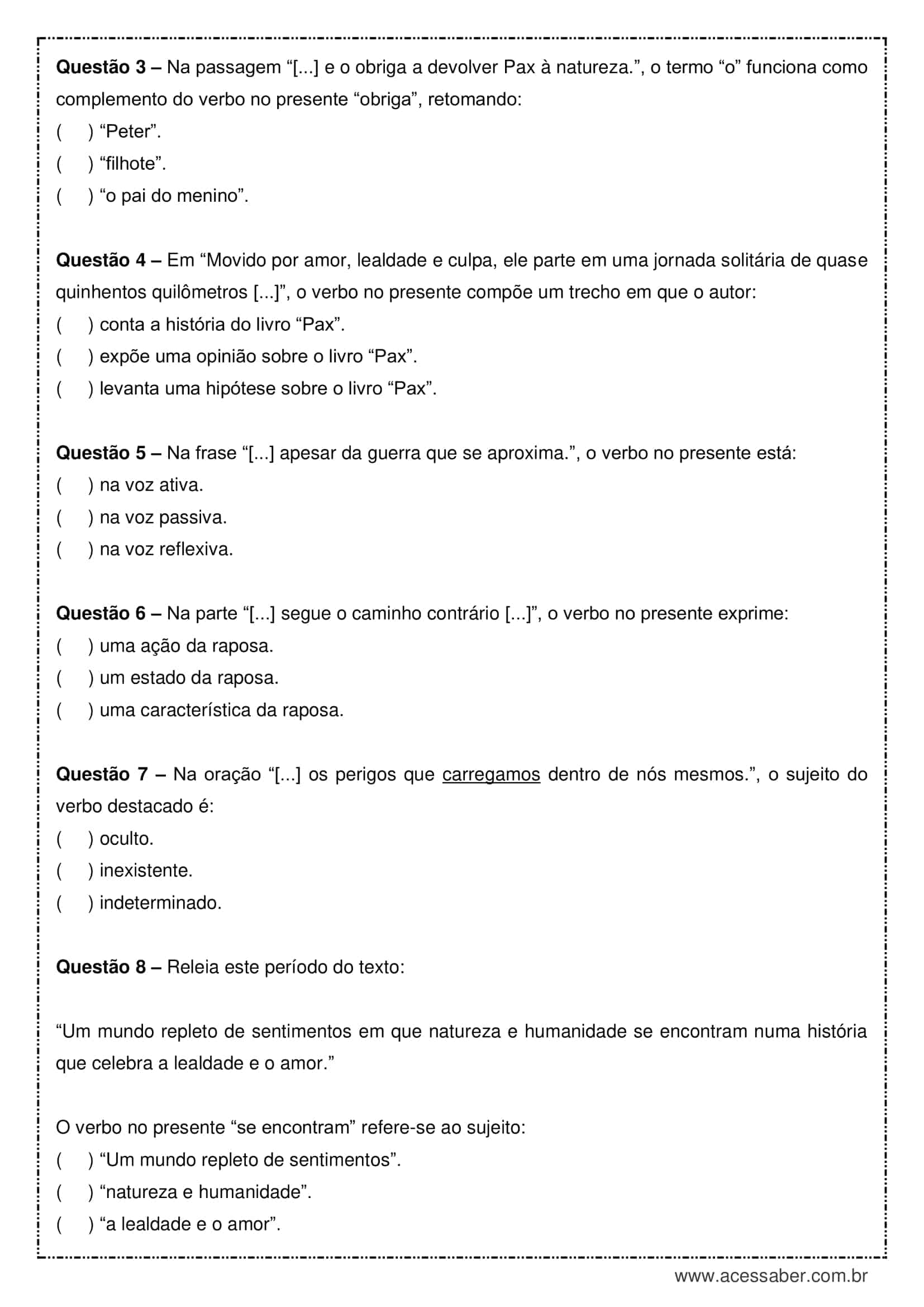 Atividade de português: Verbos no presente - 7º ano - Acessaber
