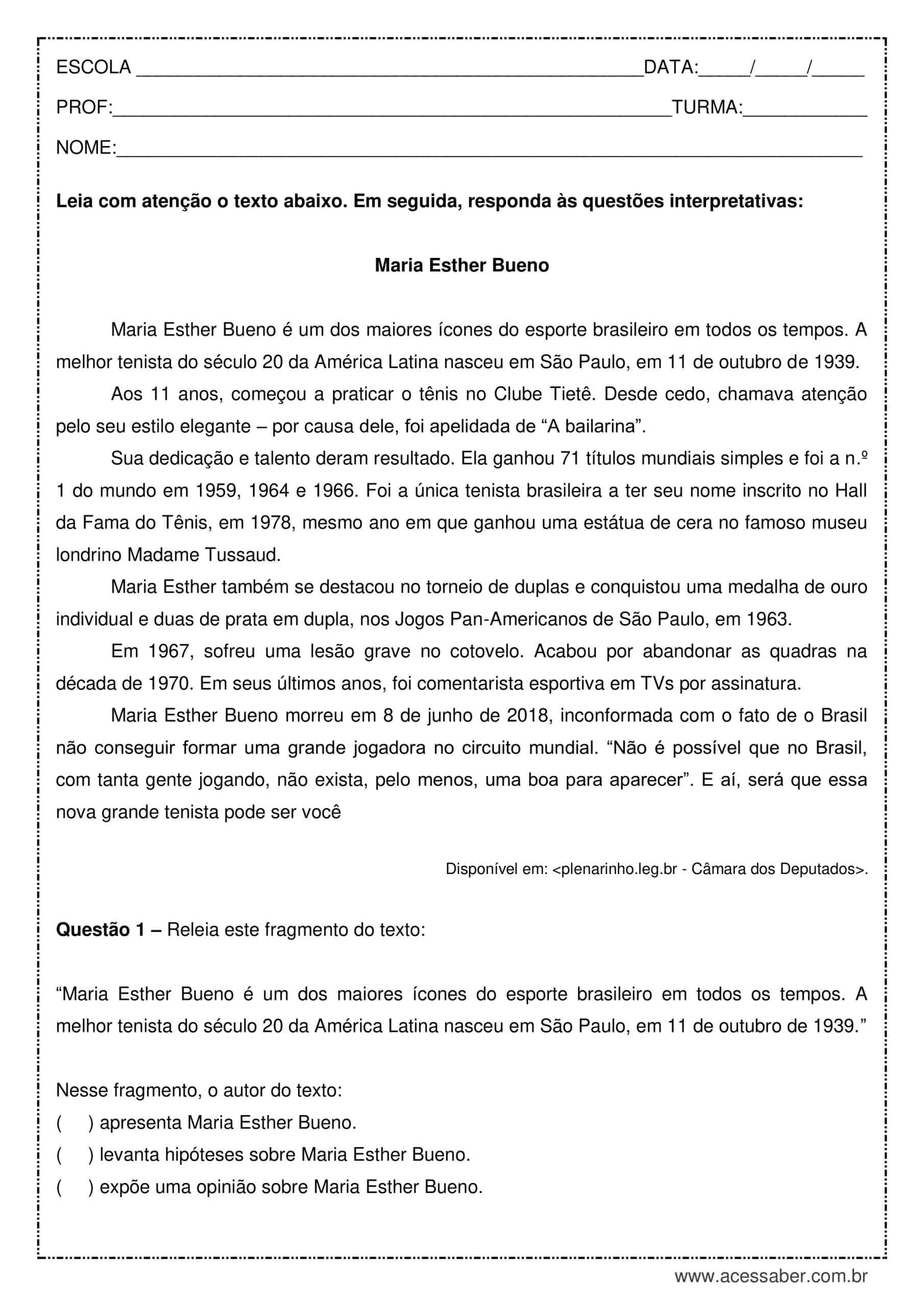 Interpretação de texto: Biografia de Maria Esther Bueno - 6º ano ...