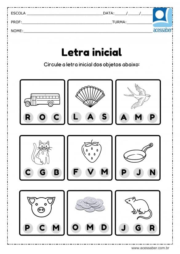 Atividade de português: Letra inicial - 1º ano e 2º ano - Acessaber