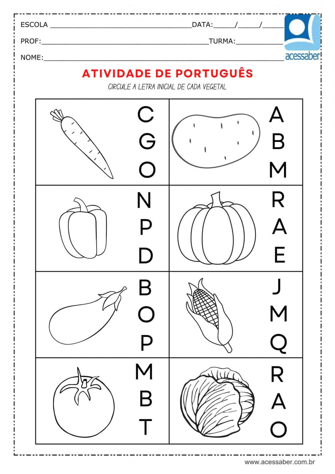 Atividade de português: Letra inicial - 1º ano e 2º ano - Acessaber