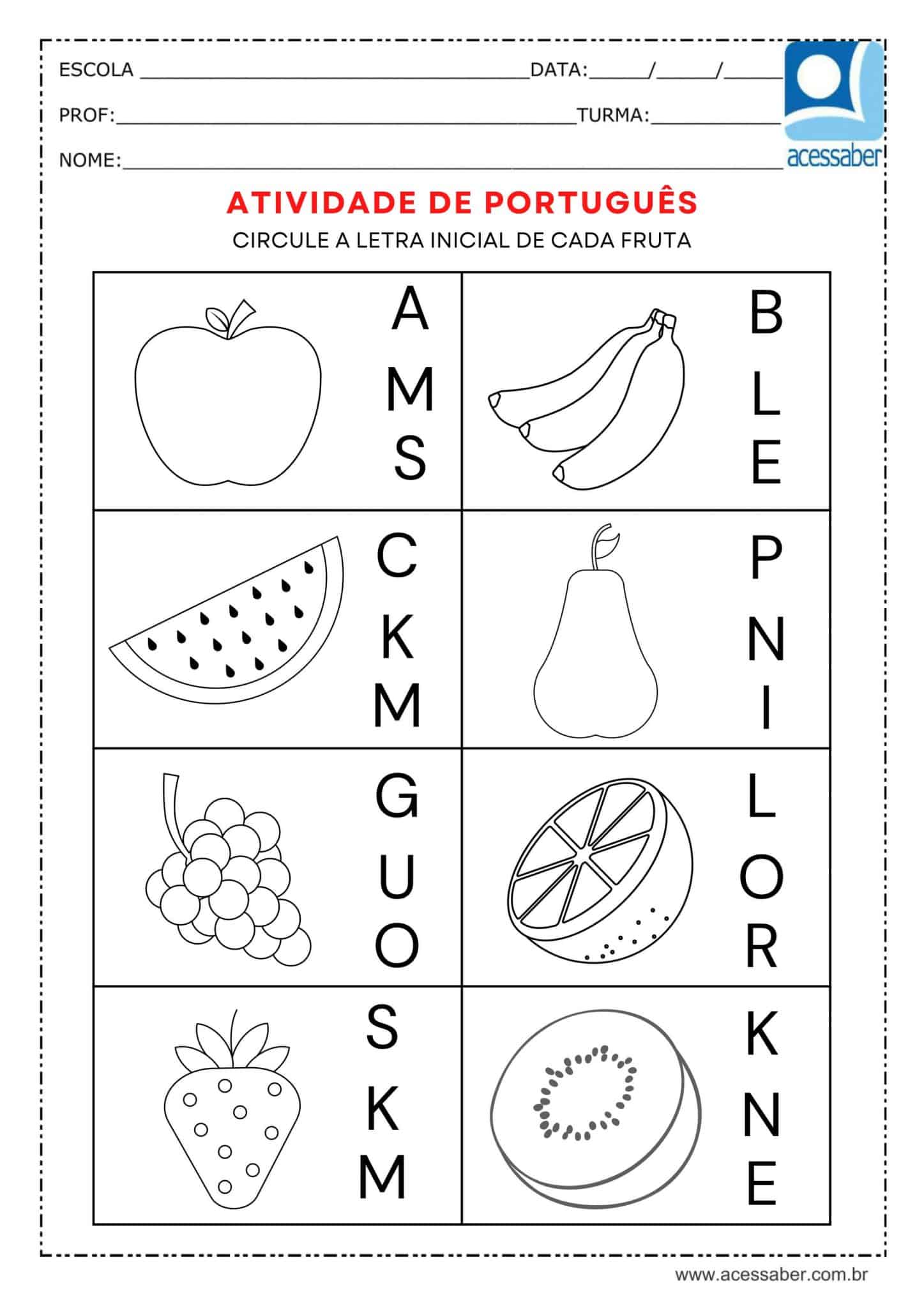 Atividade de português: Letra inicial - 1º ano e 2º ano - Acessaber