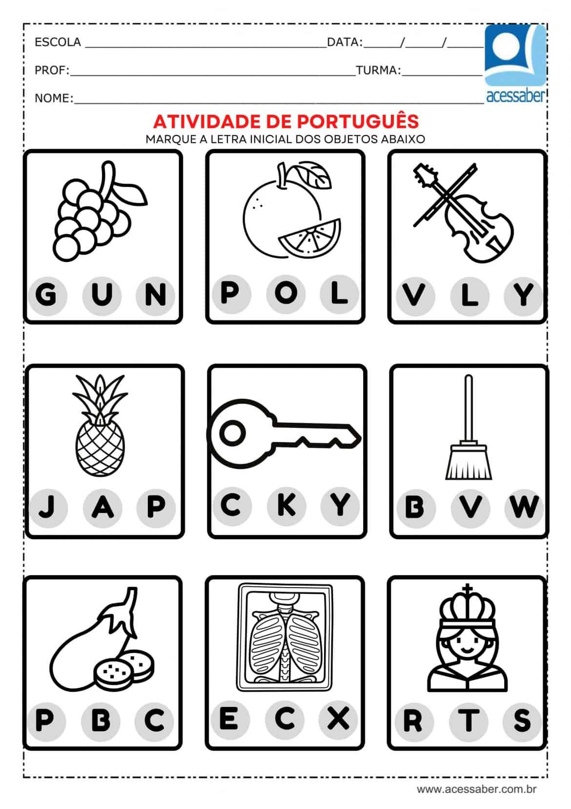 Atividade de português: Letra inicial - 1º ano e 2º ano - Acessaber