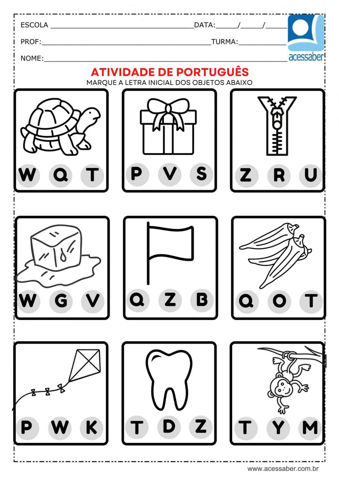 Atividade de português: Letra inicial - 1º ano e 2º ano - Acessaber