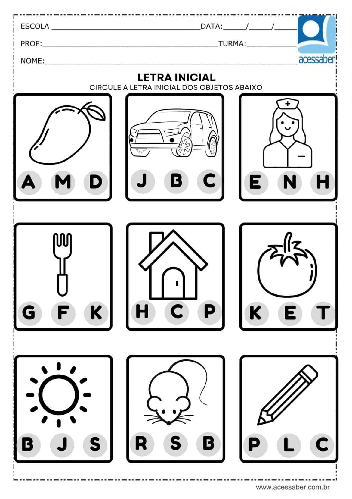 Atividade de português: Letra inicial - 1º ano e 2º ano - Acessaber