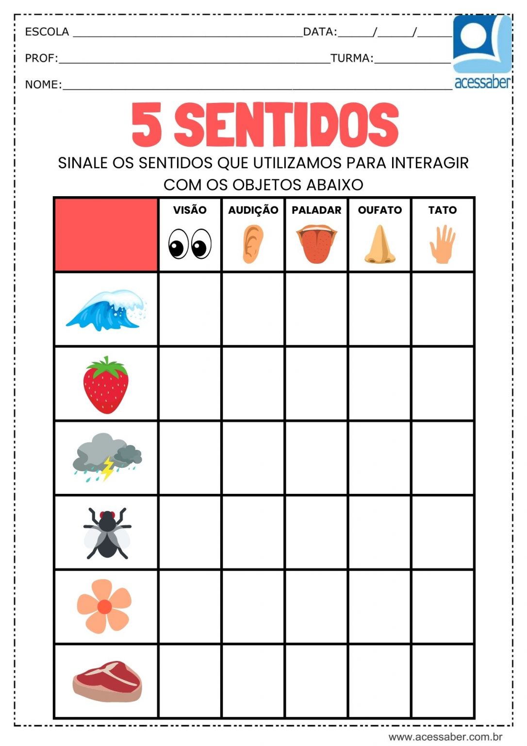 Atividade de ciências: Os cinco sentidos - 1º ano e 2º ano - Acessaber