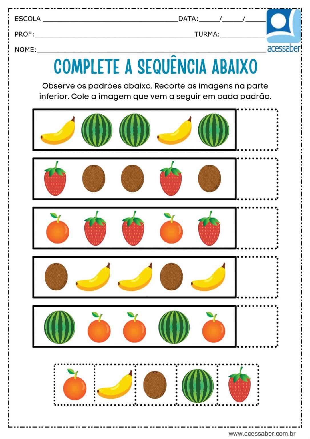 Atividade de matemática: Sequência lógica - Alimentos - Ed. Infantil e 1º ano - Acessaber